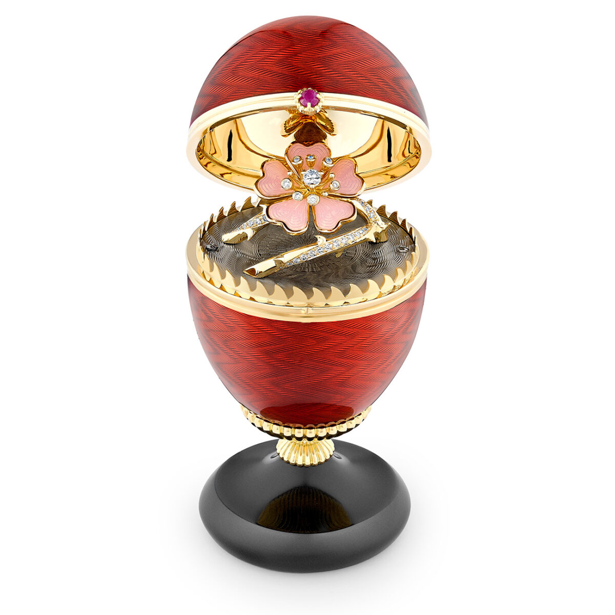 Fabergé x Gemfields 18k Yellow Gold Red Guilloché Enamel Egg Objet with ...
