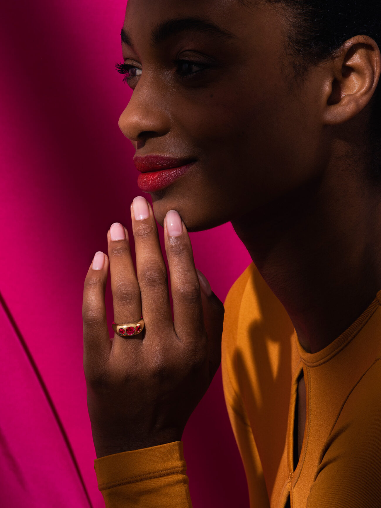 AYA x Gemfields Ruby Three Stone Ring featuring Gemfields Mozambican ...